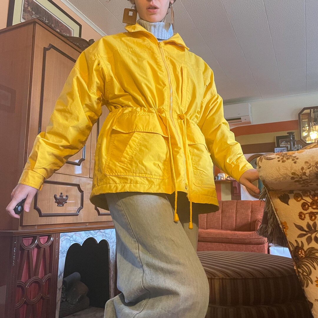 1990s Yellow Soft Fleece Lining Nylon Drawstring Raincoat - Etsy