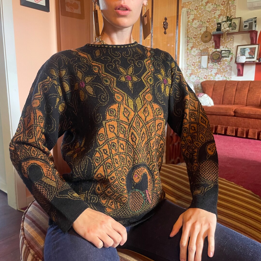 90s Does 60s Mod Peacock Floral Psychedelic Print Knitted Sweater in ...
