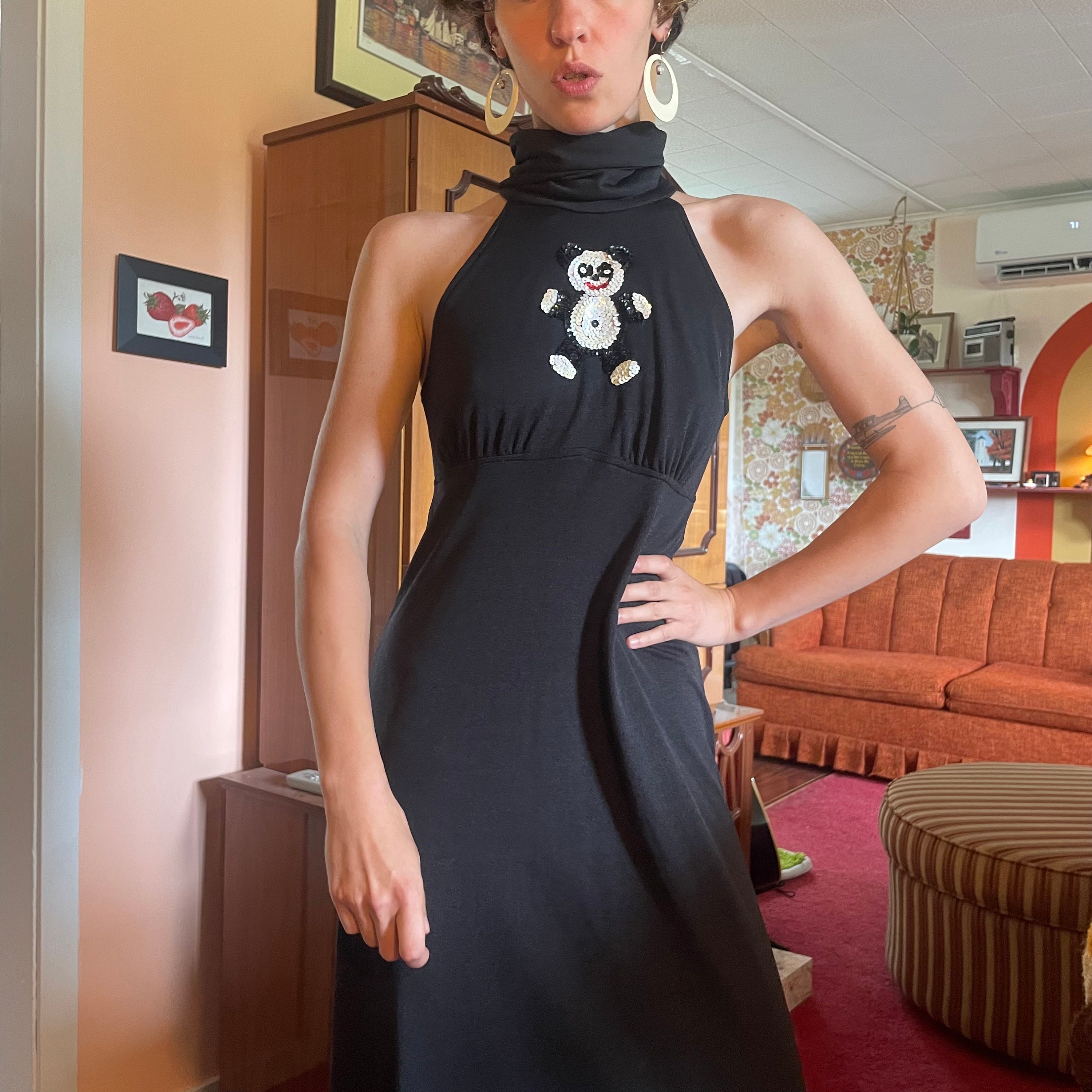 1970s PANDA Applique Black Halter Maxi Floor-length Dress! - Etsy