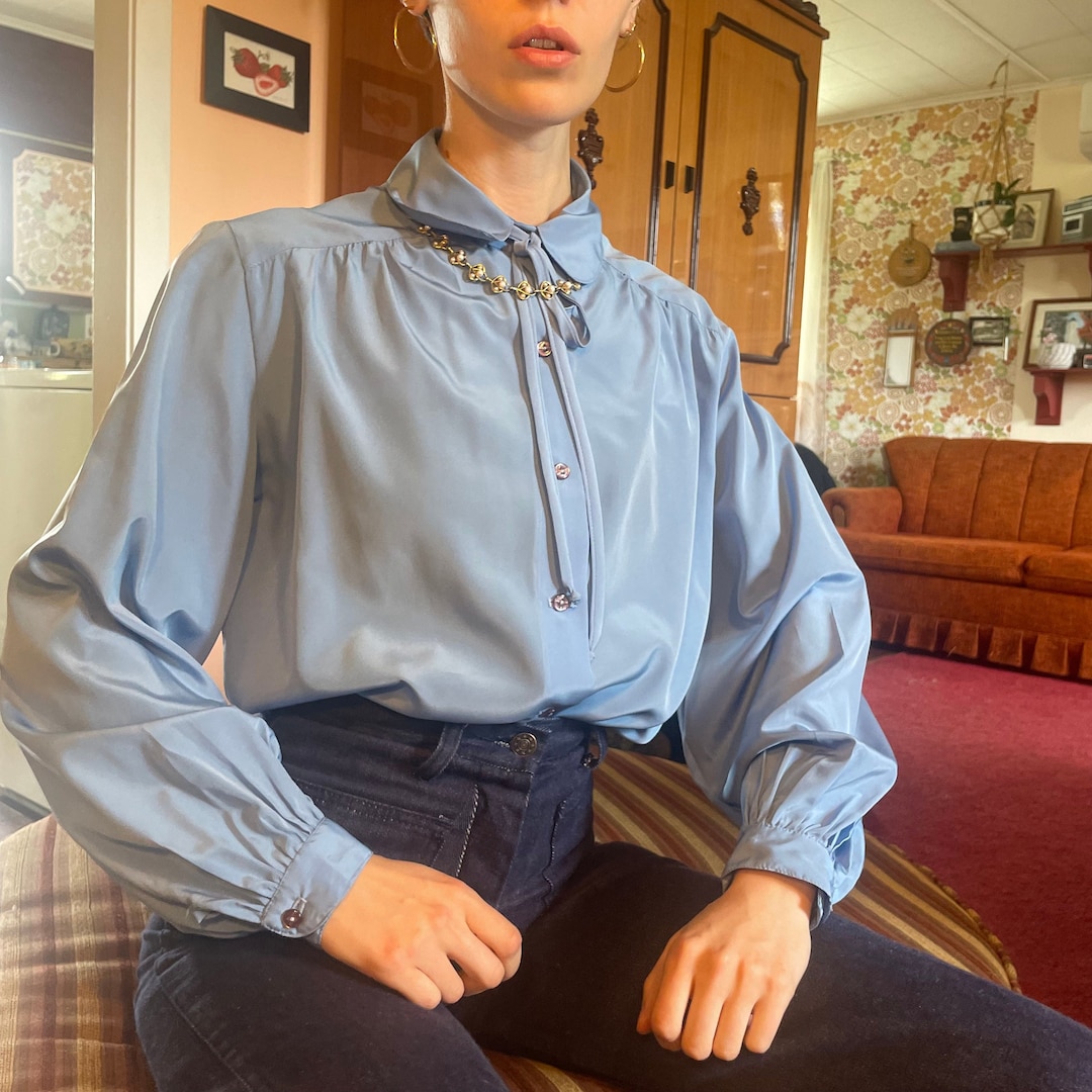 70s 80s Vintage Peter Pan Tie Neck Twee Collared Bishop Sleeve Buttons ...