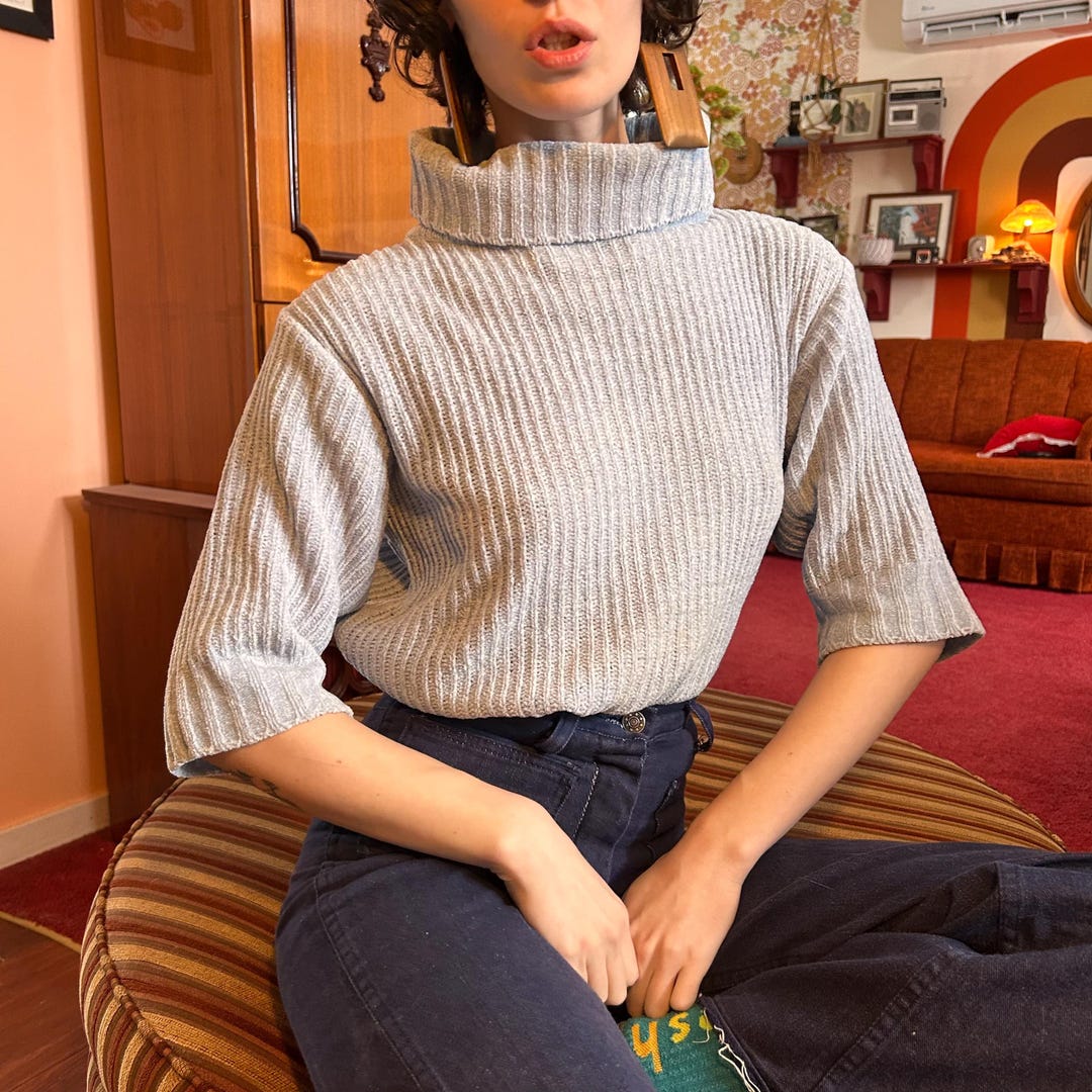 1990s Cropped Baby Blue Cropped Turtleneck Short Sleeved Sweater From ...