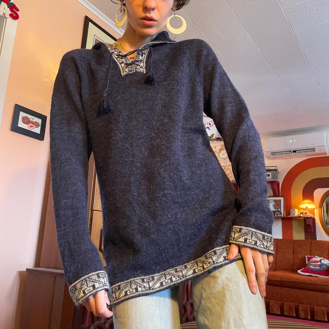 Vintage 100% Alpaca Wool Peruvian Inca Tribal Edge Hooded Sweater - Etsy