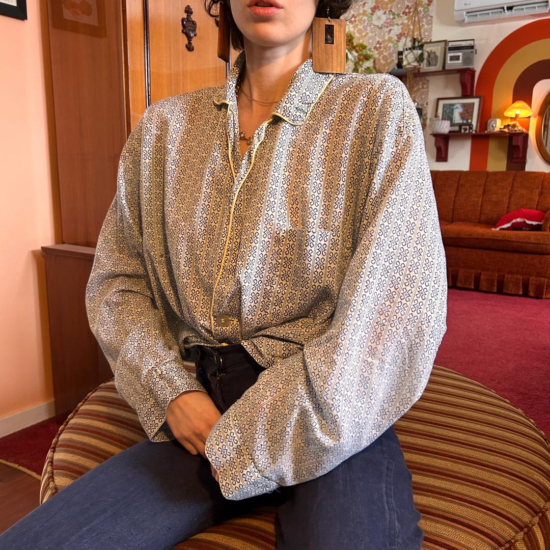 SOFT 1970s Combed Cotton Dacron Polyester Printed Blue Pajama Button Up ...
