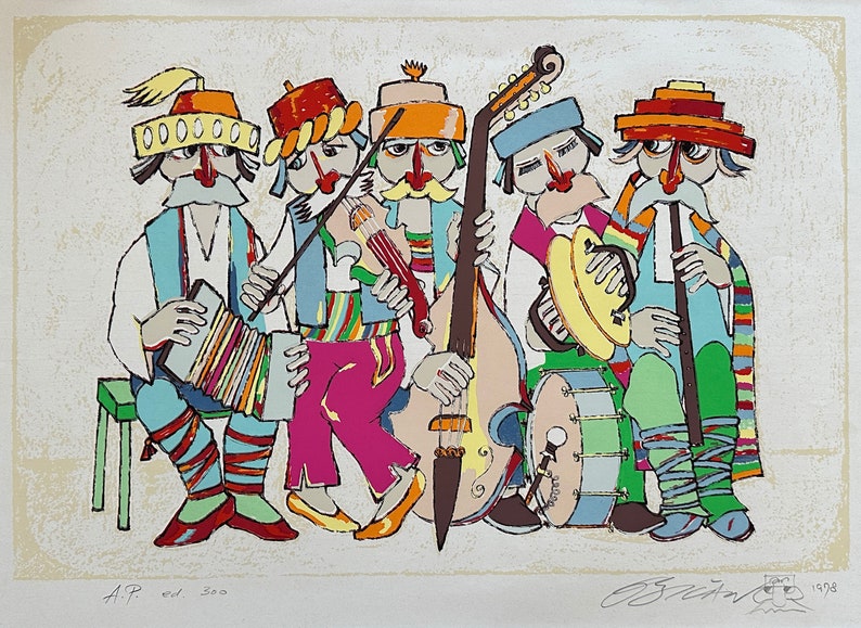 Vintage | Jovan Obican Mid Century Lithograph | Colorful Klezmer Band ...