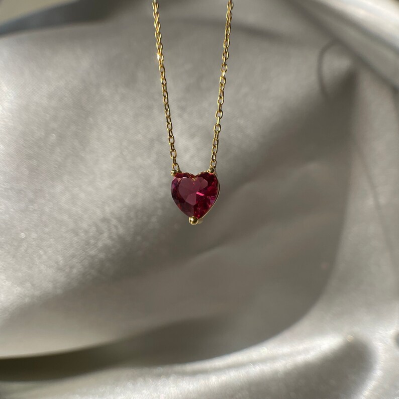 14K Gold Ruby Heart Necklace Tiny Red Heart Shaped Pendant - Etsy