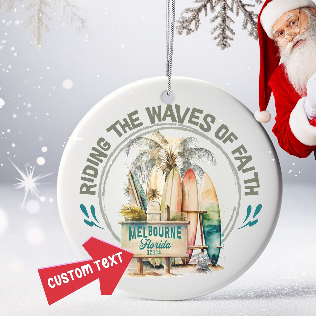 Custom Surfing Christmas Ornament Faith Based Palm Trees Surf Board ...