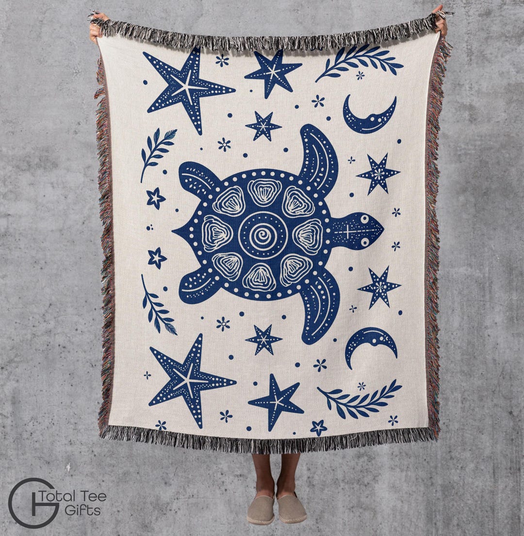 Turtle Gift Handwoven Folklore Blanket Mystical Blue Artisanal Cozy ...
