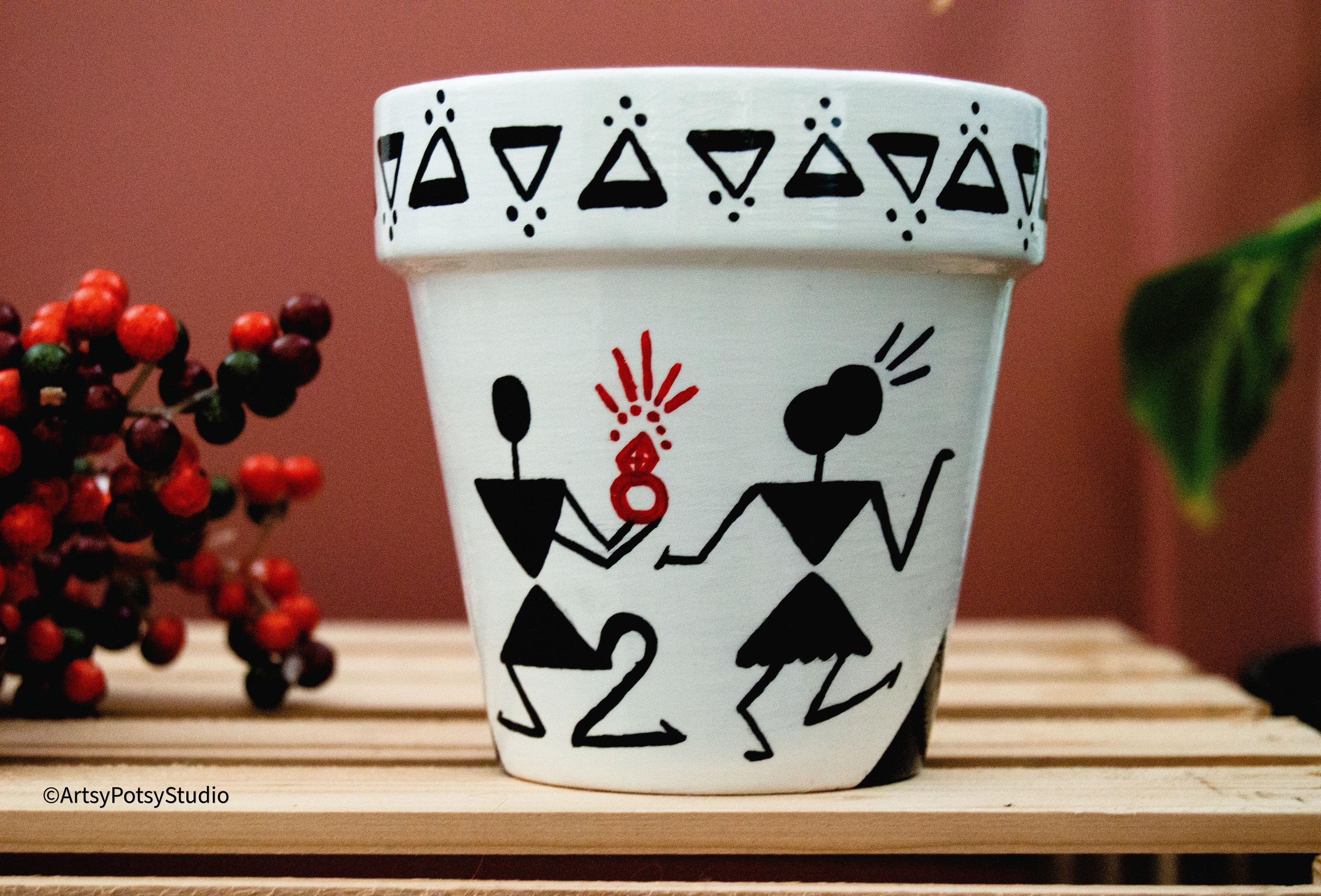 Warli Art Bonsai Tree Pot Hand Painted Planterindian Folk Indoor ...