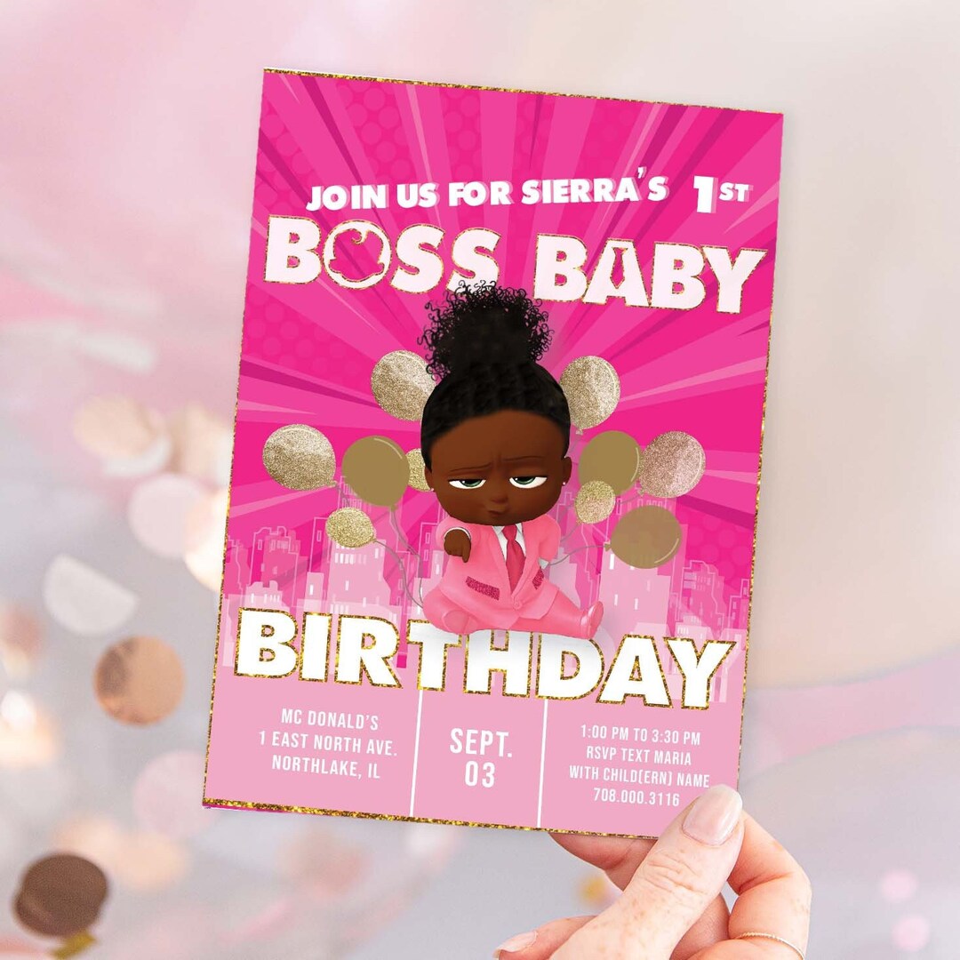 Buy Black Boss Baby Pink Birthday Invitation , Free Gable Box Label ...