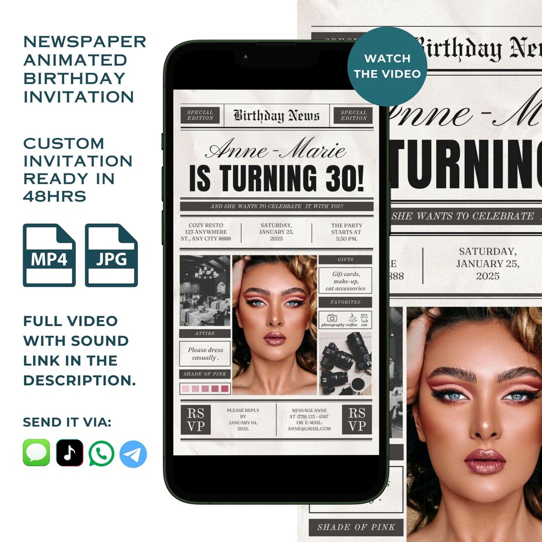 Custom Newspaper Animated Invitation, Vintage Birthday Party Newspaper ...