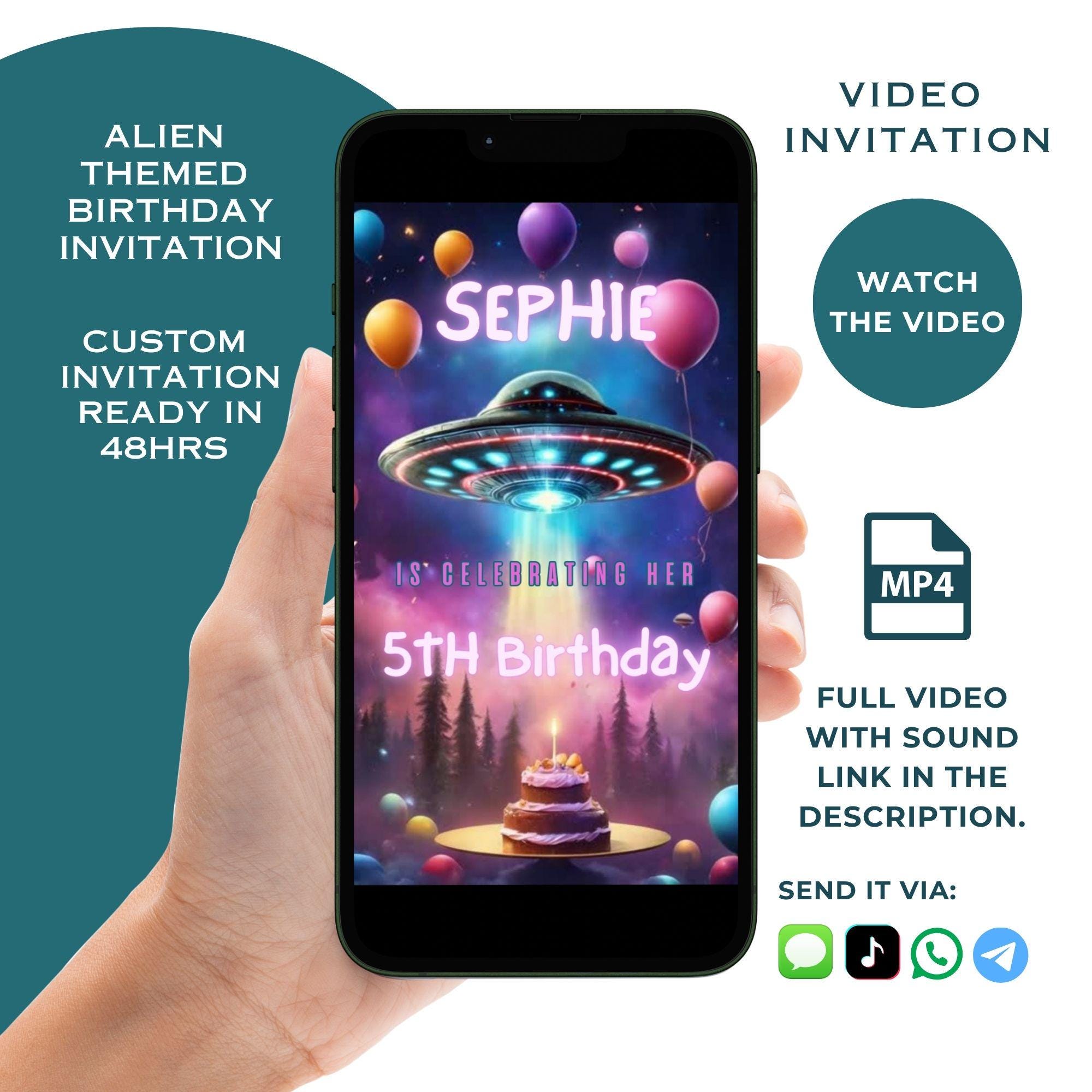 Custom Alien Birthday Invitation Girls Spaceship Neon Pink Alien Theme ...