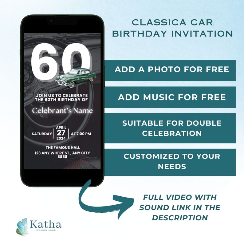 Classic Car Birthday Video Invitation: Custom Auto Party Evite (digital ...