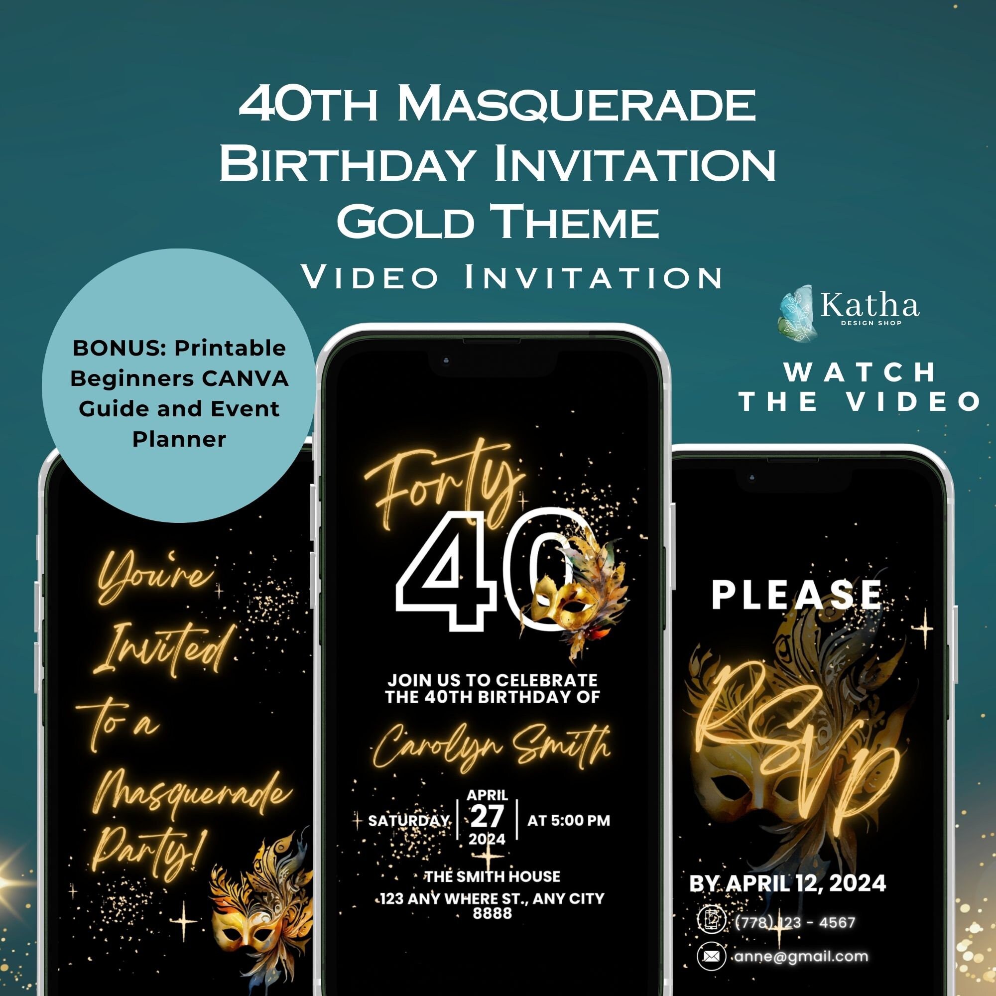 40th Masquerade Birthday Video Invitation: Editable Gold Theme (digital ...
