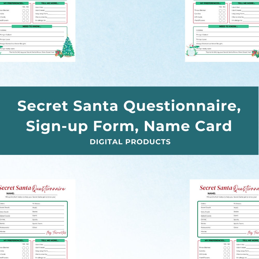 Secret Santa Questionnaire, Secret Santa Sign-up Form, Secret Santa ...