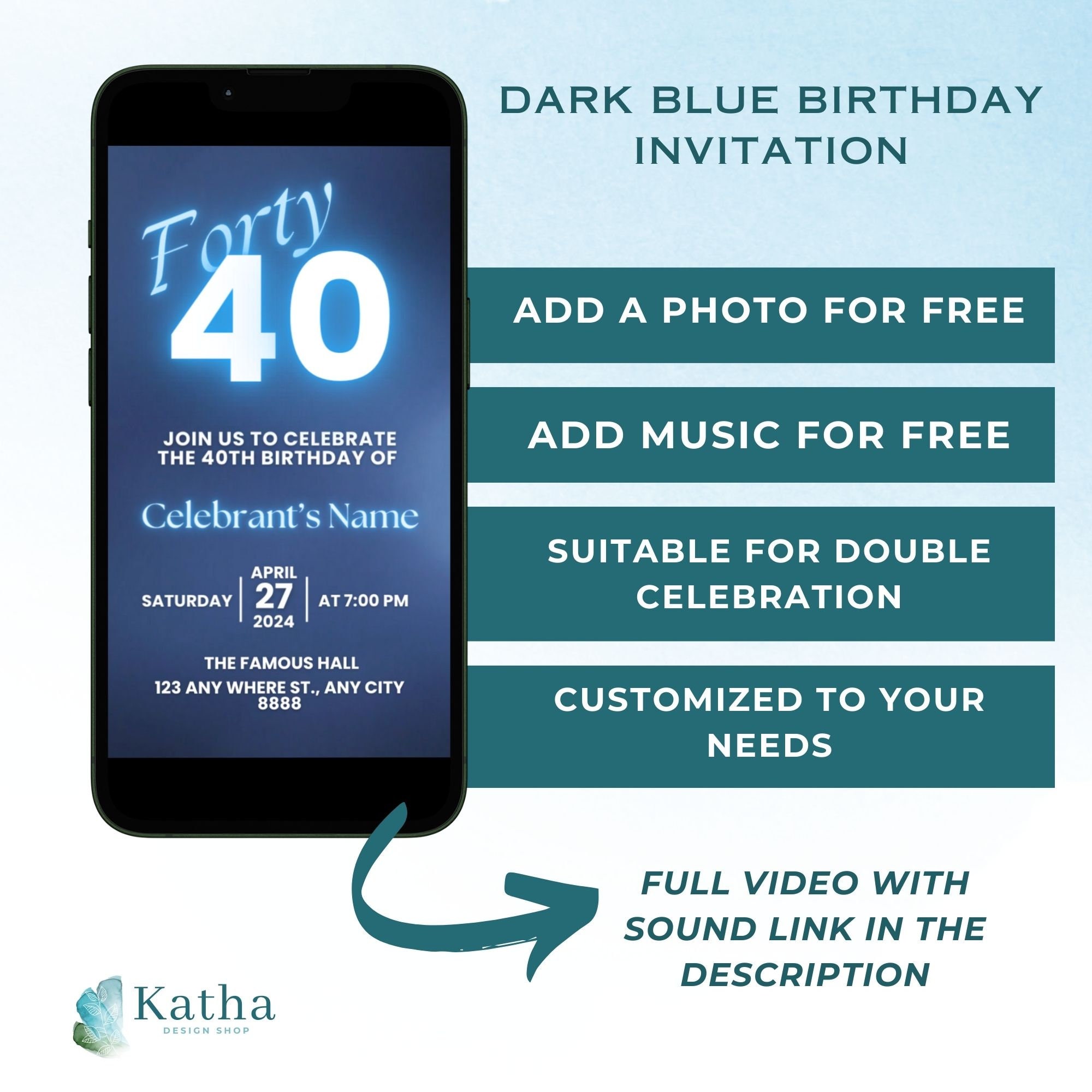 Dark Blue Birthday Video Invitation, Custom Dark Blue Bday Party Invite ...
