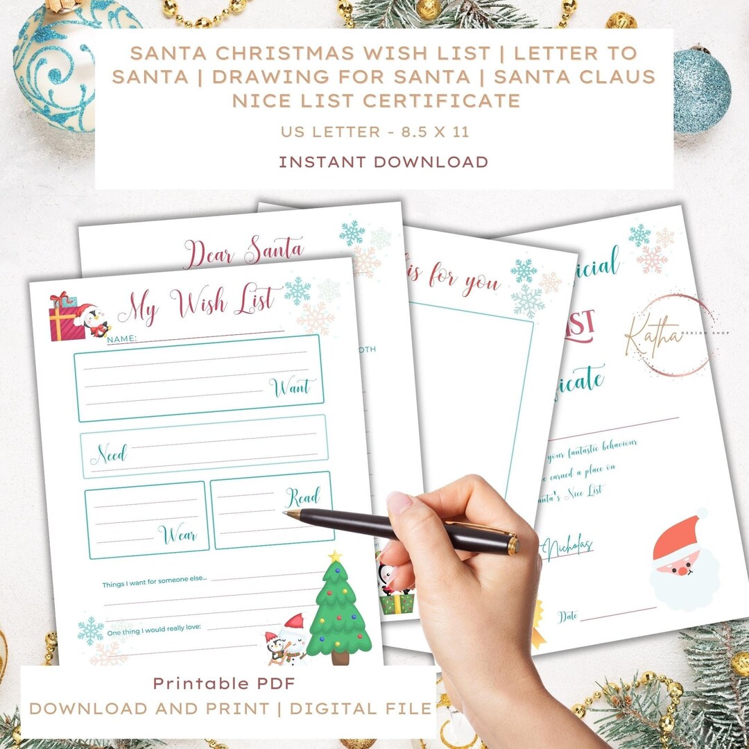 Printable Christmas Wish List, Letter to Santa, Drawing for Santa, and ...