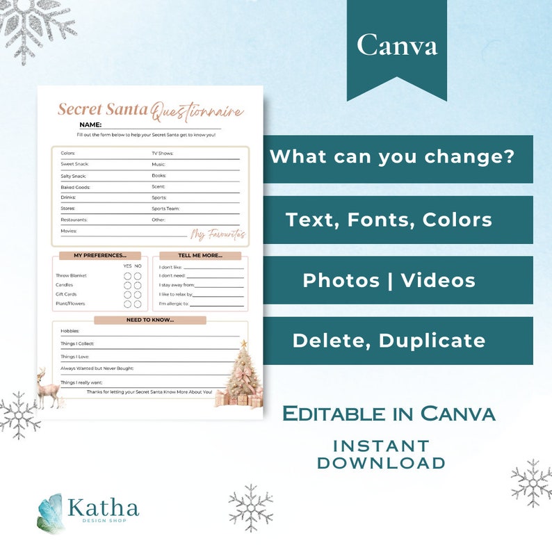 Secret Santa Questionnaire, Secret Santa Sign-up Form, Secret Santa ...