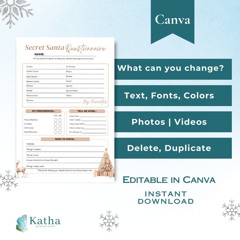 Secret Santa Questionnaire, Secret Santa Sign-up Form, Secret Santa ...