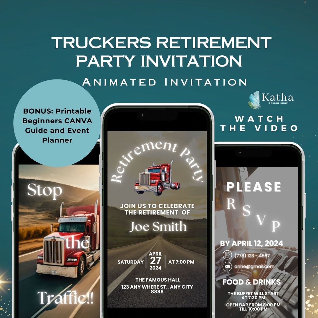 TRUCKERS Retirement Party Video Invitation, Editable Truck Driver Party ...