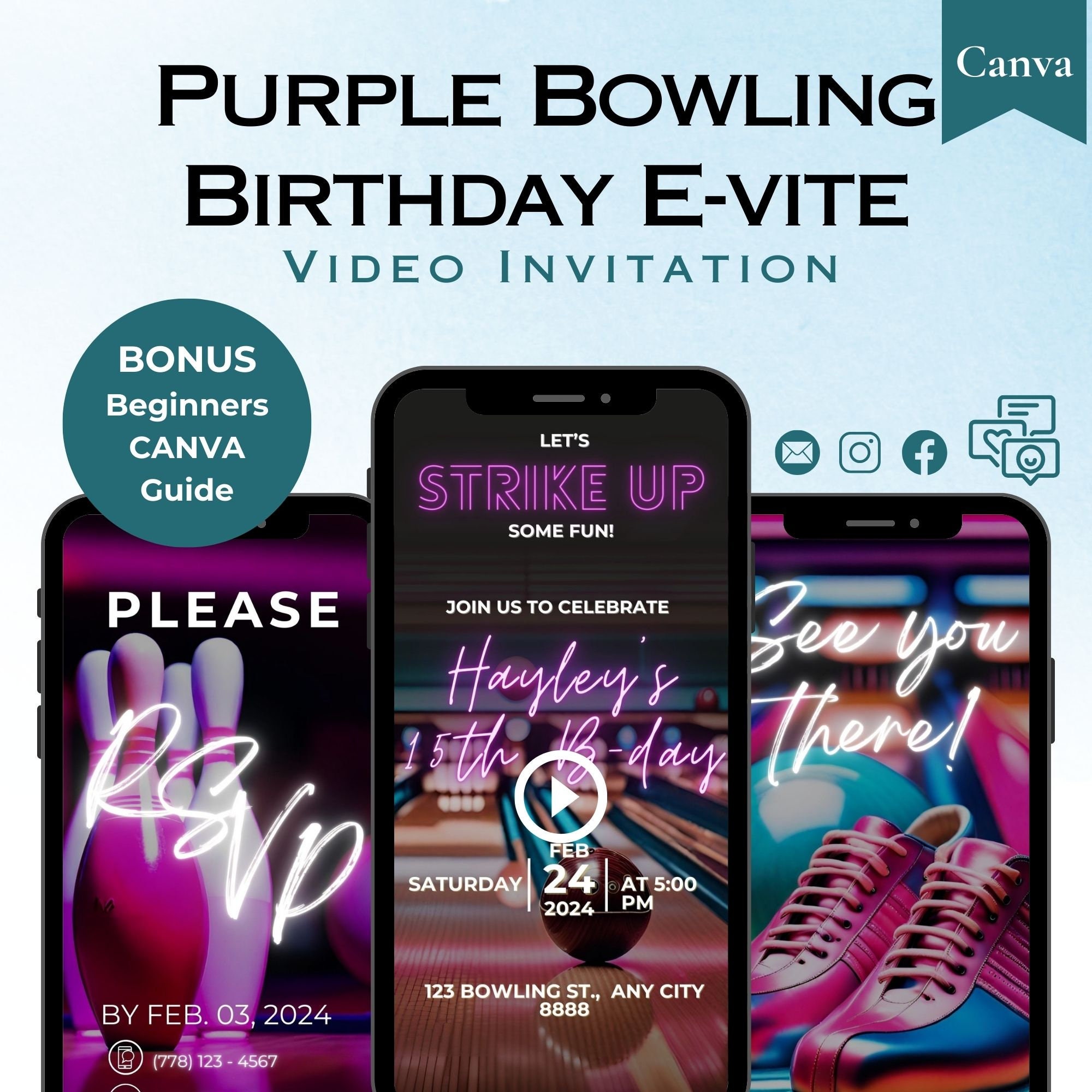 Purple Bowling Party Video Invitation: Retro Animated SMS Invite (canva ...