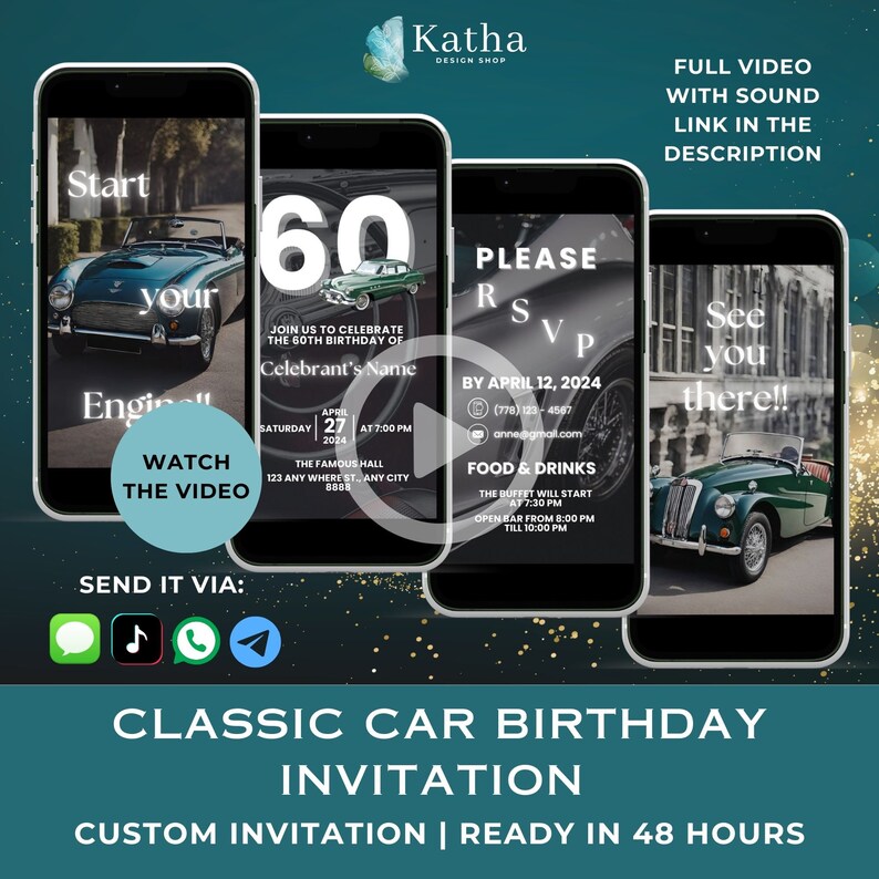 Classic Car Birthday Video Invitation: Custom Auto Party Evite (digital ...