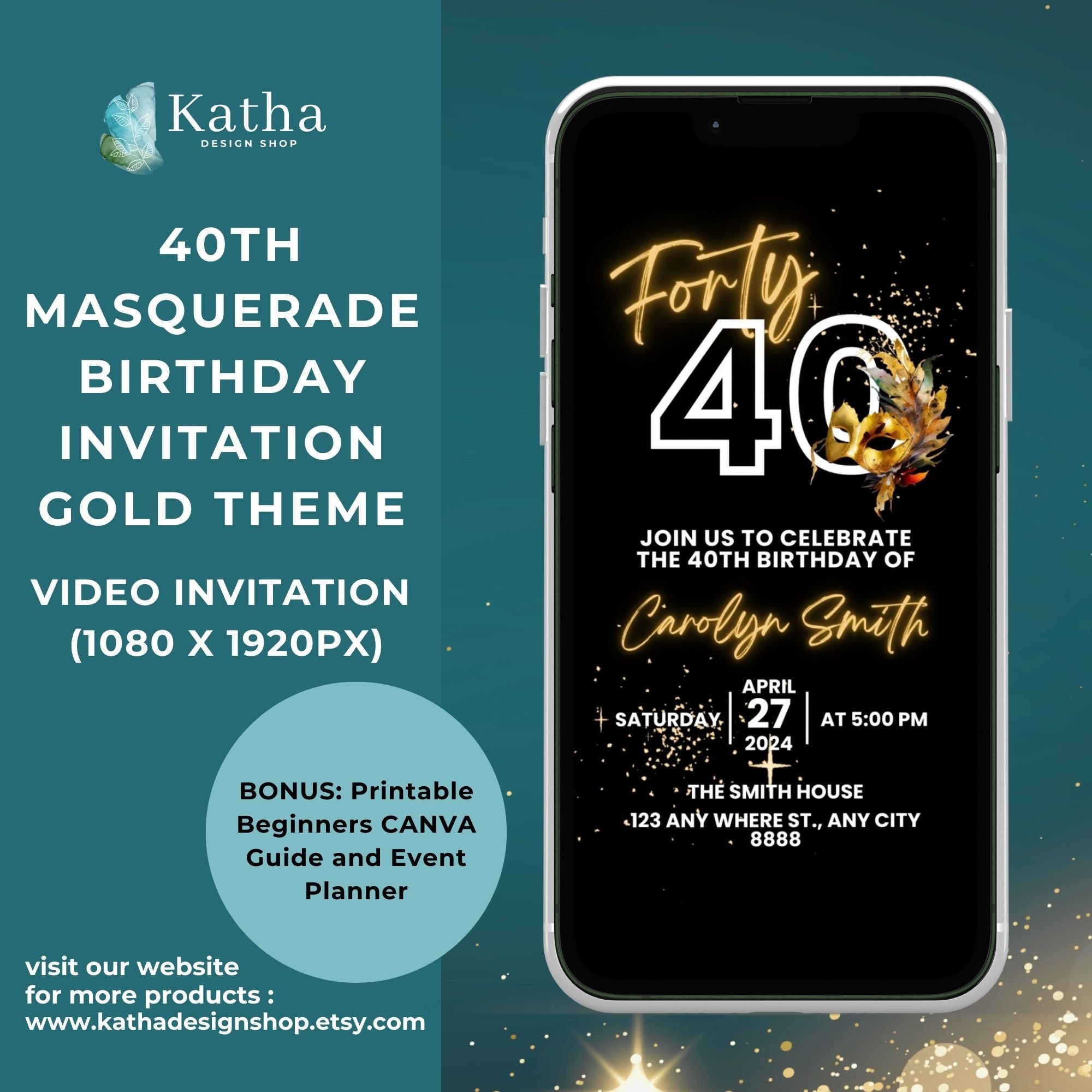 40th Masquerade Birthday Video Invitation: Editable Gold Theme (digital ...