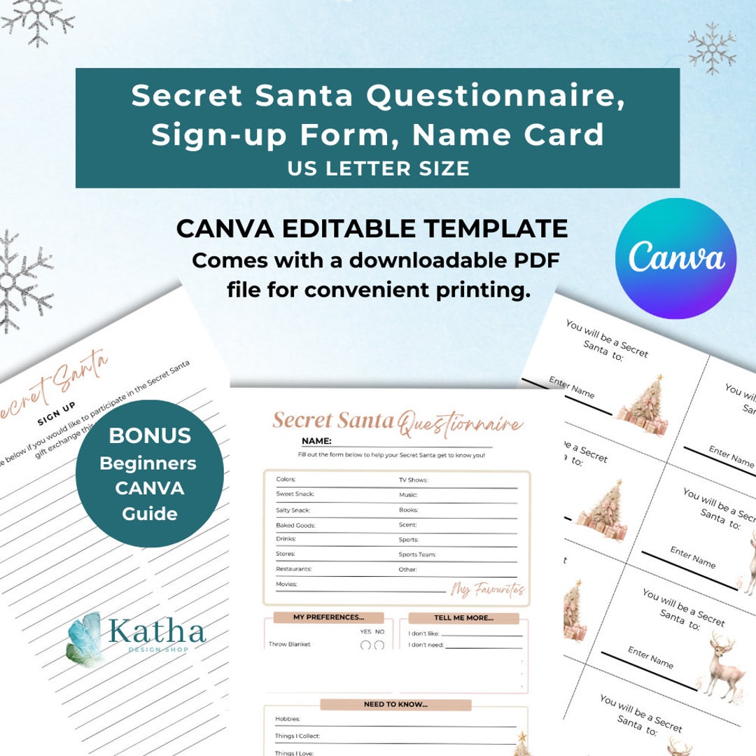 Secret Santa Questionnaire, Secret Santa Sign-up Form, Secret Santa ...