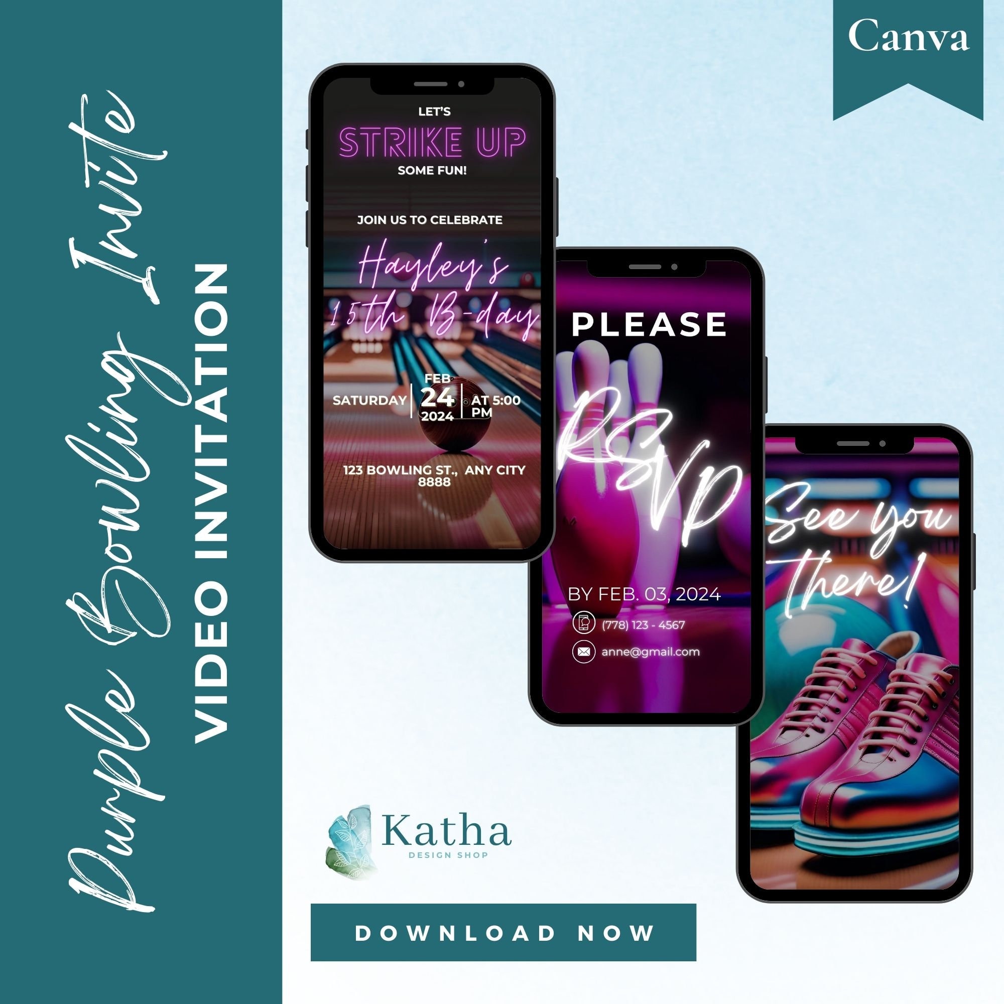 Purple Bowling Party Video Invitation: Retro Animated SMS Invite (canva ...