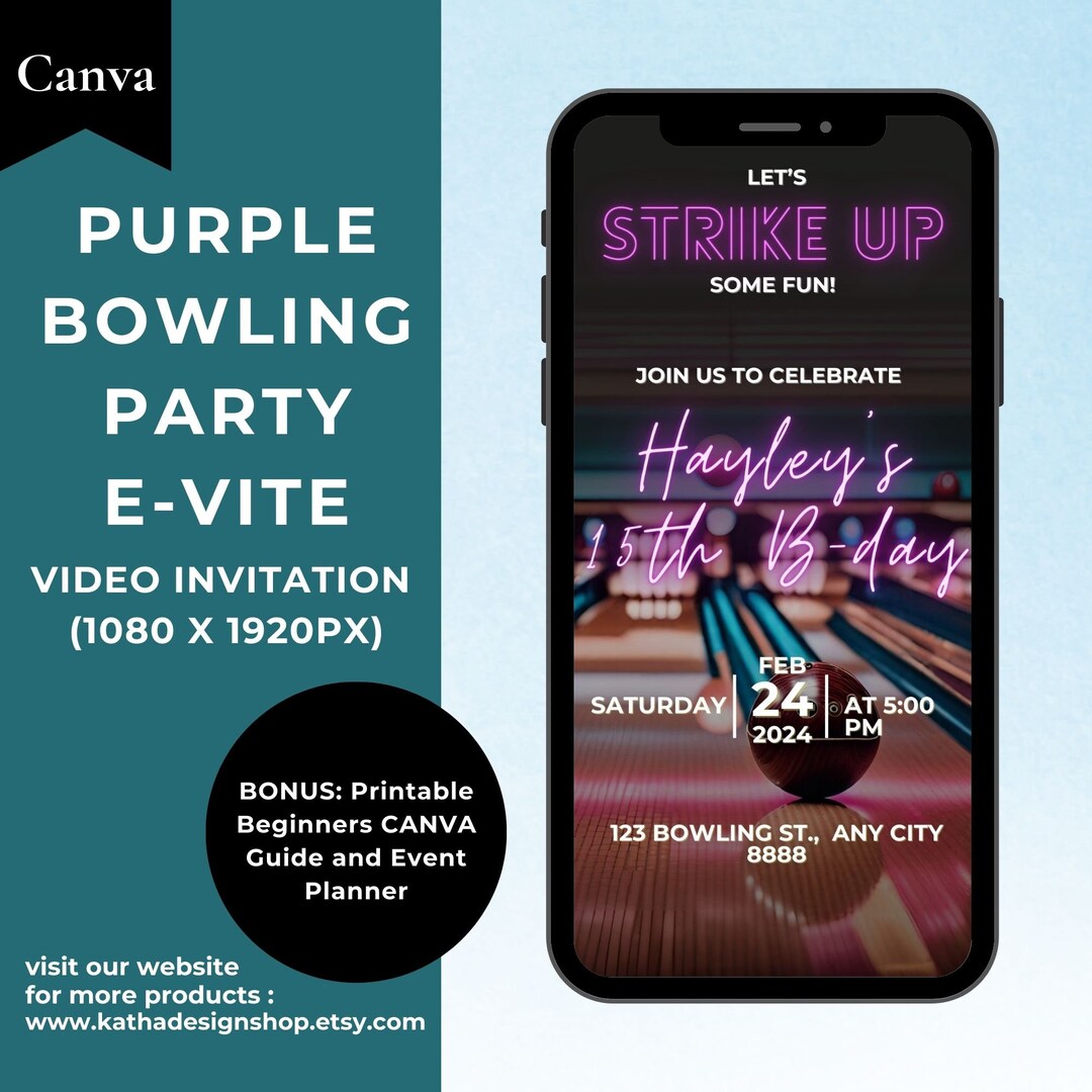 Purple Bowling Party Video Invitation: Retro Animated SMS Invite (canva ...