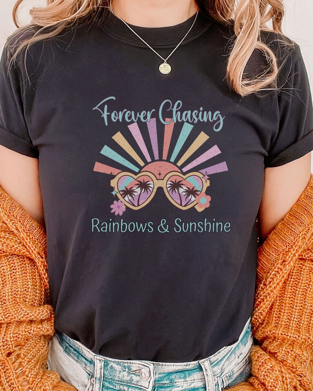 Comfort Colors Forever Chasing Rainbows Oversized Shirt, Summer Trendy Beach Clothes for ...