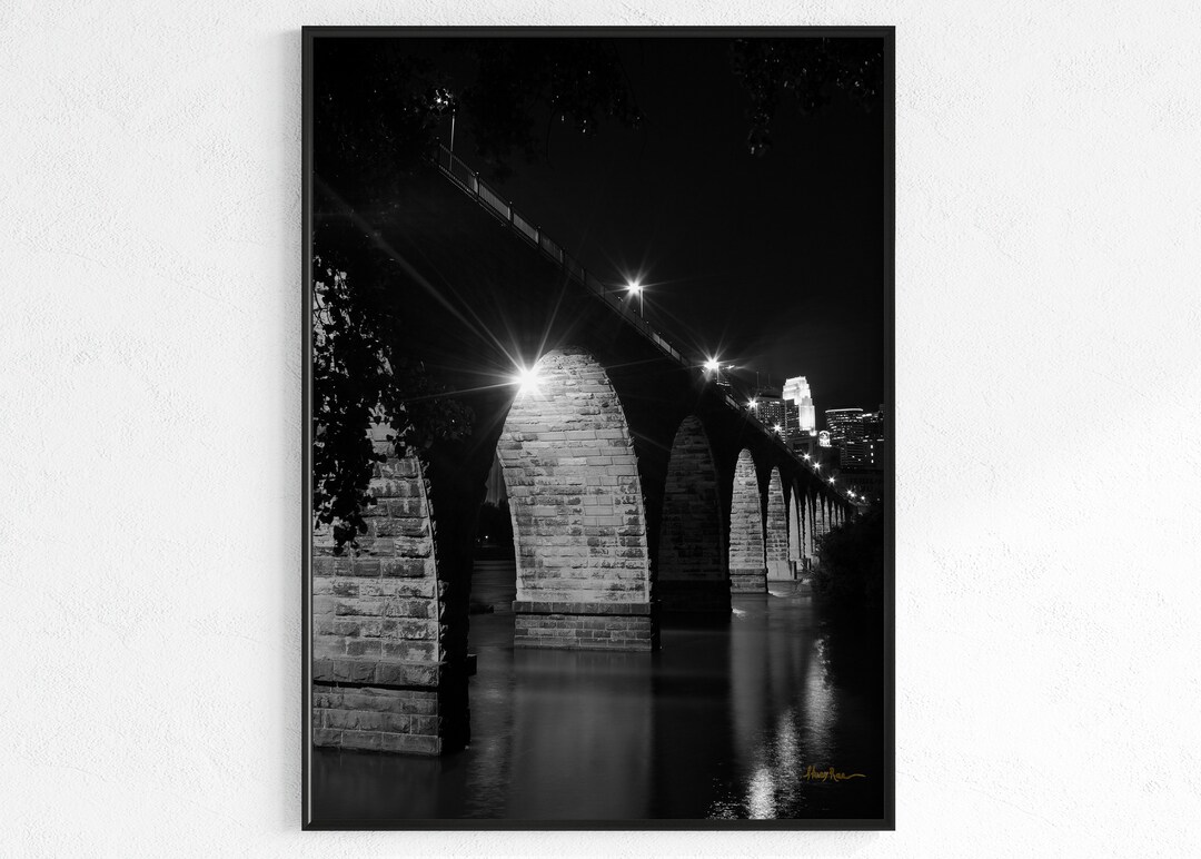 Stone Arch Bridge B&W Portrait Night Photo Wall Art, Nature Photography ...
