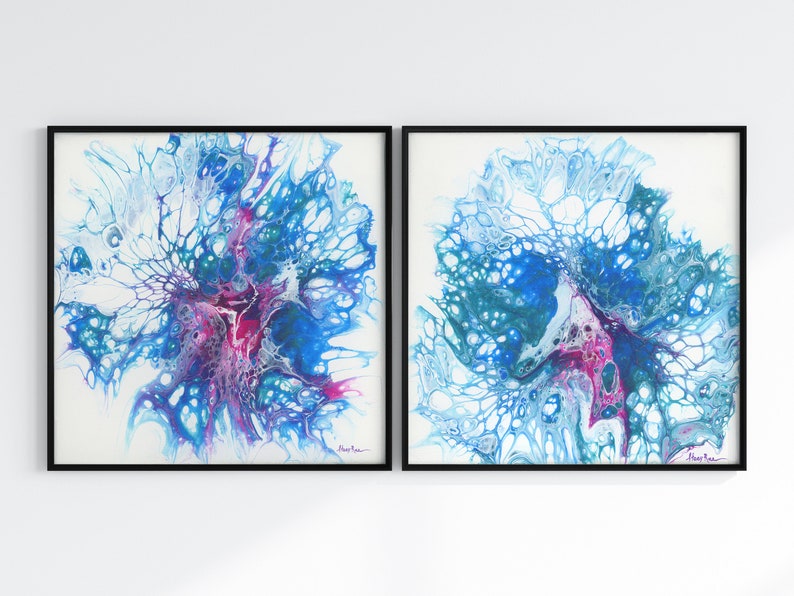 Blue & Pink Wall Art Set, Square Abstract Print, Acrylic Dutch Pour ...