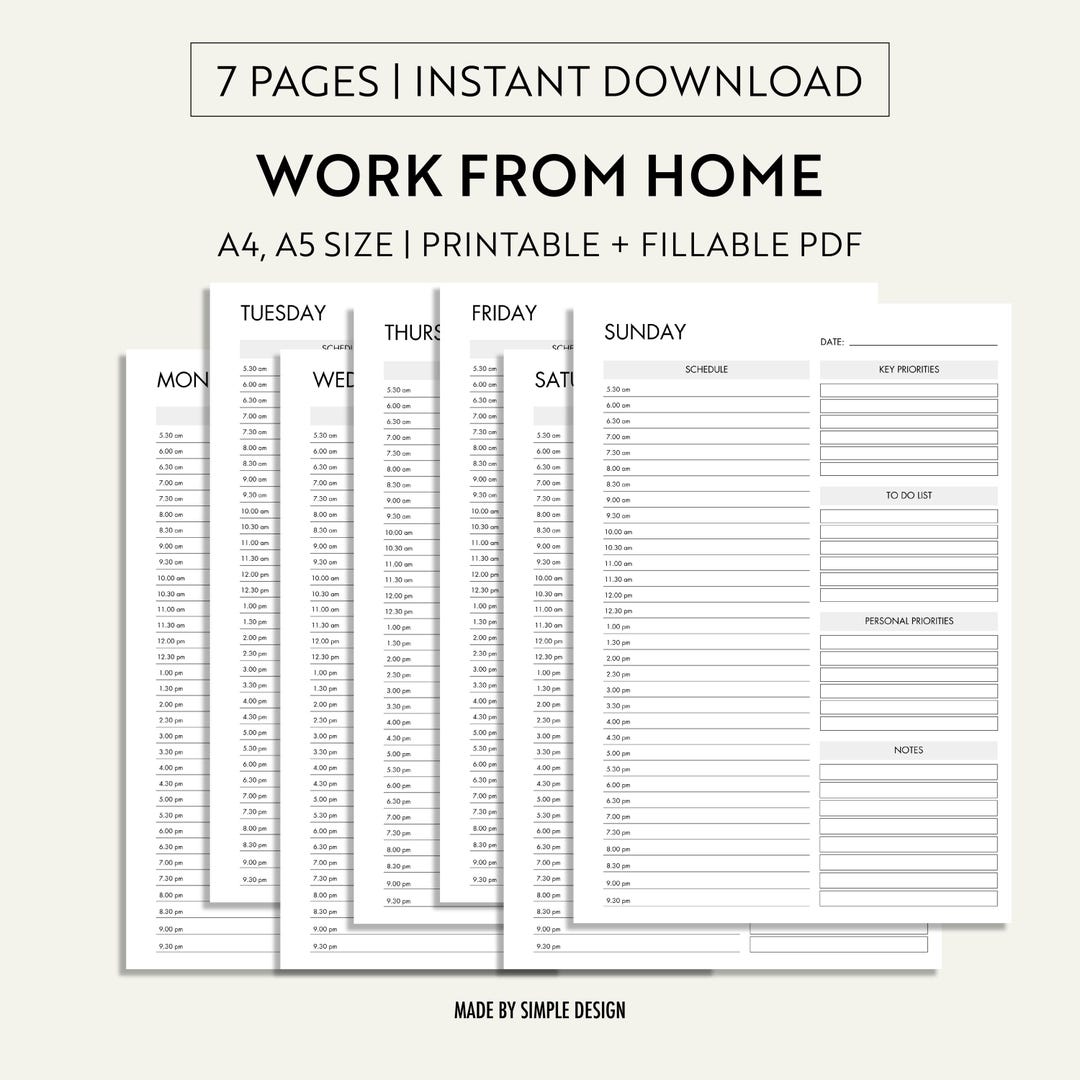 Work From Home Planner | Monday to Sunday Schedule | Half-hour Time ...
