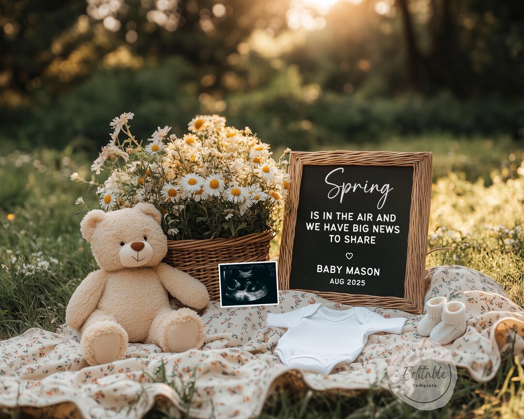 Spring Baby Announcement Digital Pregnancy Reveal, Floral Teddy Bear ...