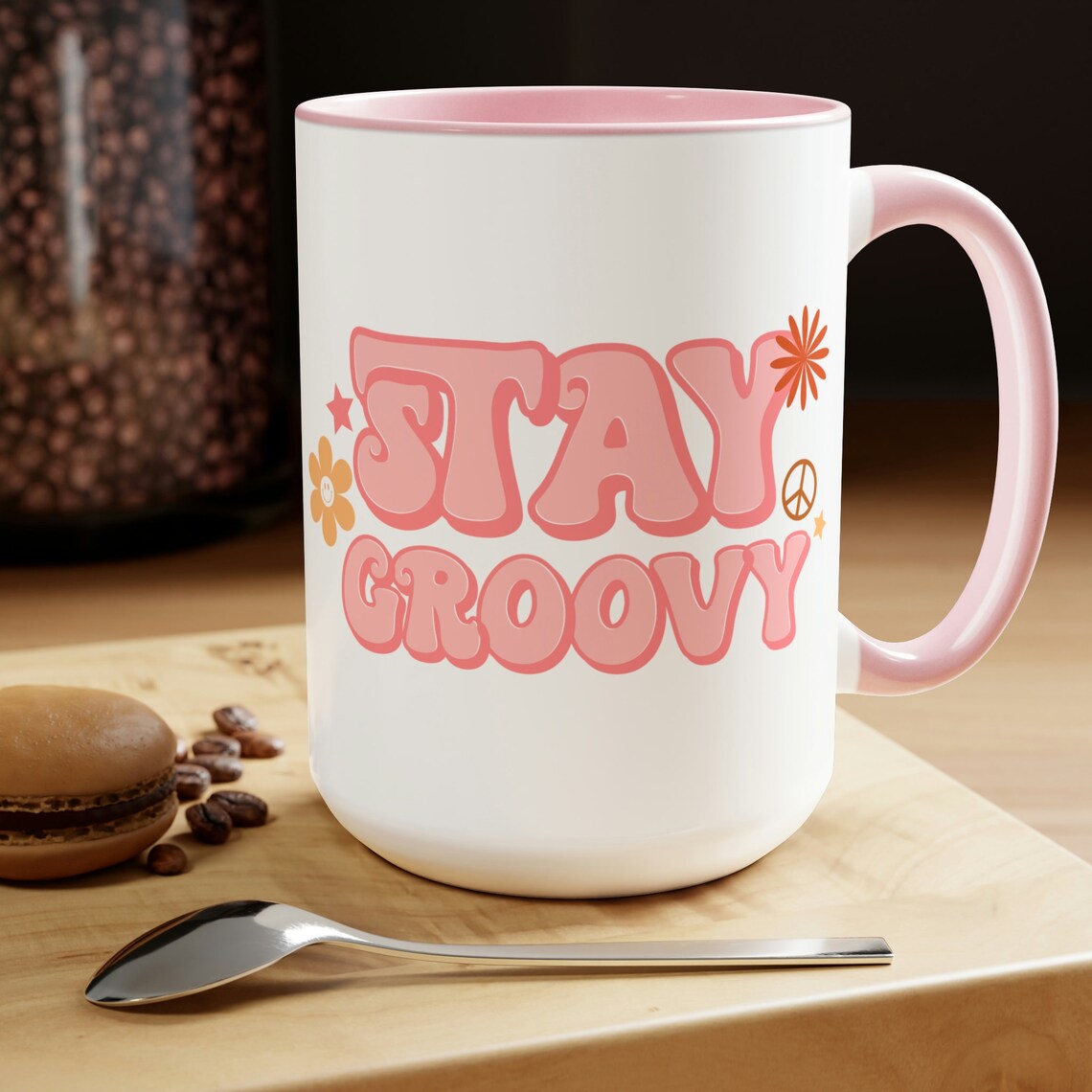 Stay Groovy Coffee Mug 15oz - 70s Inspired, Pastel Pink, Swirly Font ...