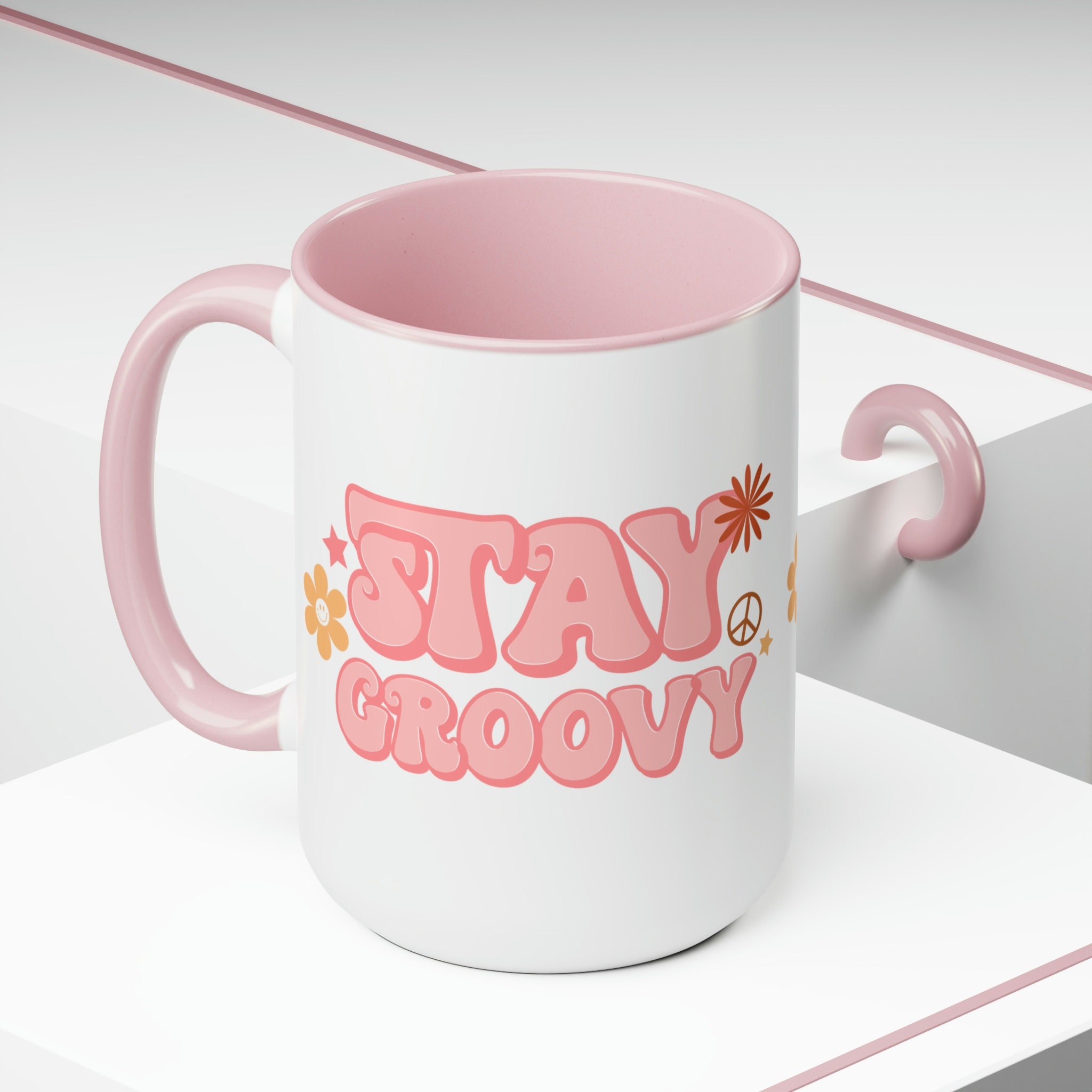 Stay Groovy Coffee Mug 15oz 70s Inspired, Pastel Pink, Swirly Font ...