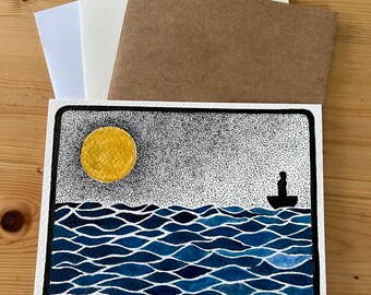 Hand Painted Watercolor With Ink Sunset Over the Water and Waves Card ...