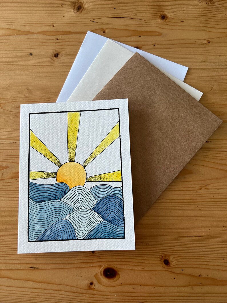 Hand Painted Watercolor With Ink Sunset Over the Water and Waves Card ...