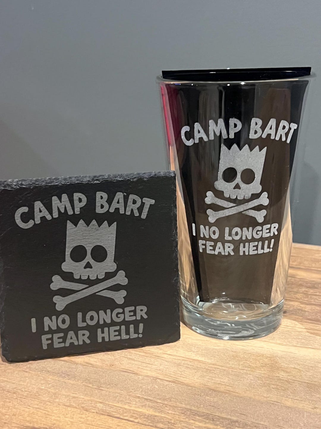 Simpsons “camp Bart” Etched Pint Glass and Coaster Set - Gift for the ...