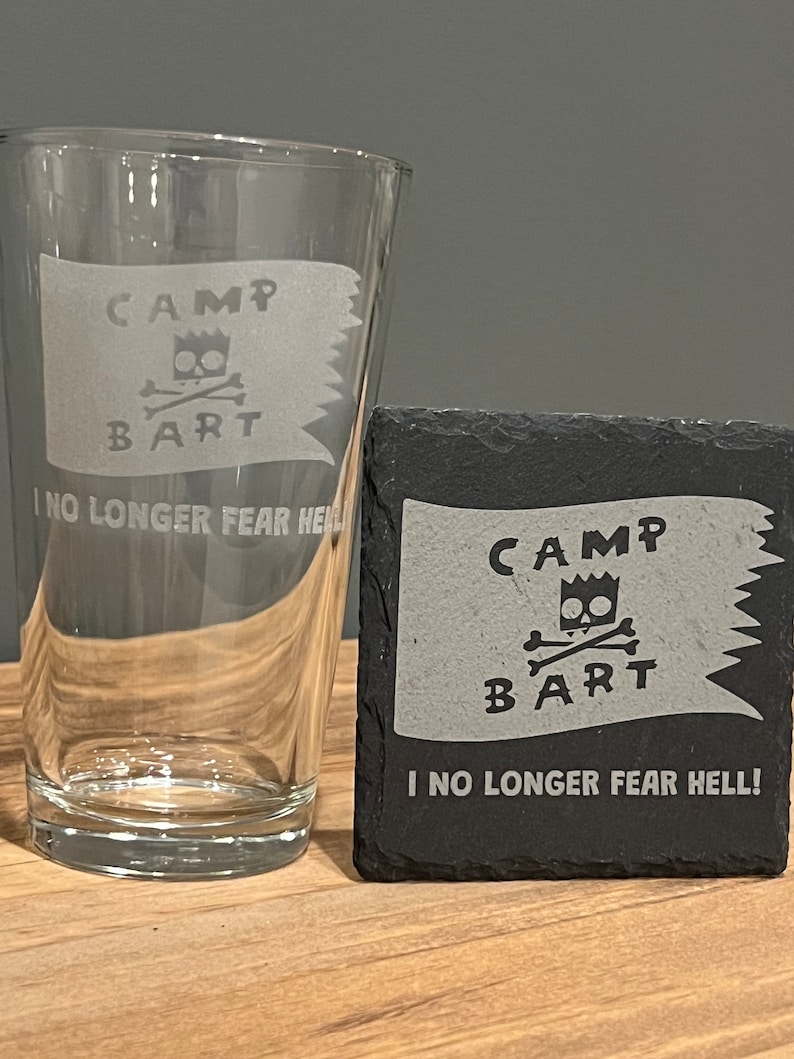 Simpsons camp Bart Etched Pint Glass and Coaster Set Gift for the ...