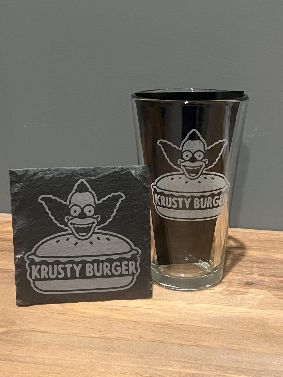 Simpsons “krusty Burger” Etched Pint Glass and Coaster Set - Gift for ...