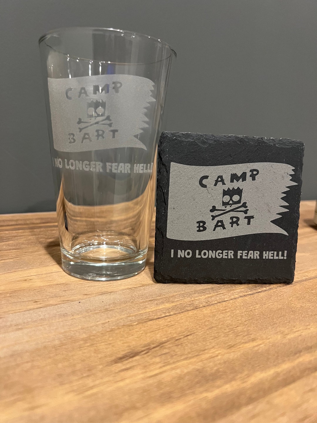 Simpsons “camp Bart” Etched Pint Glass and Coaster Set - Gift for the ...