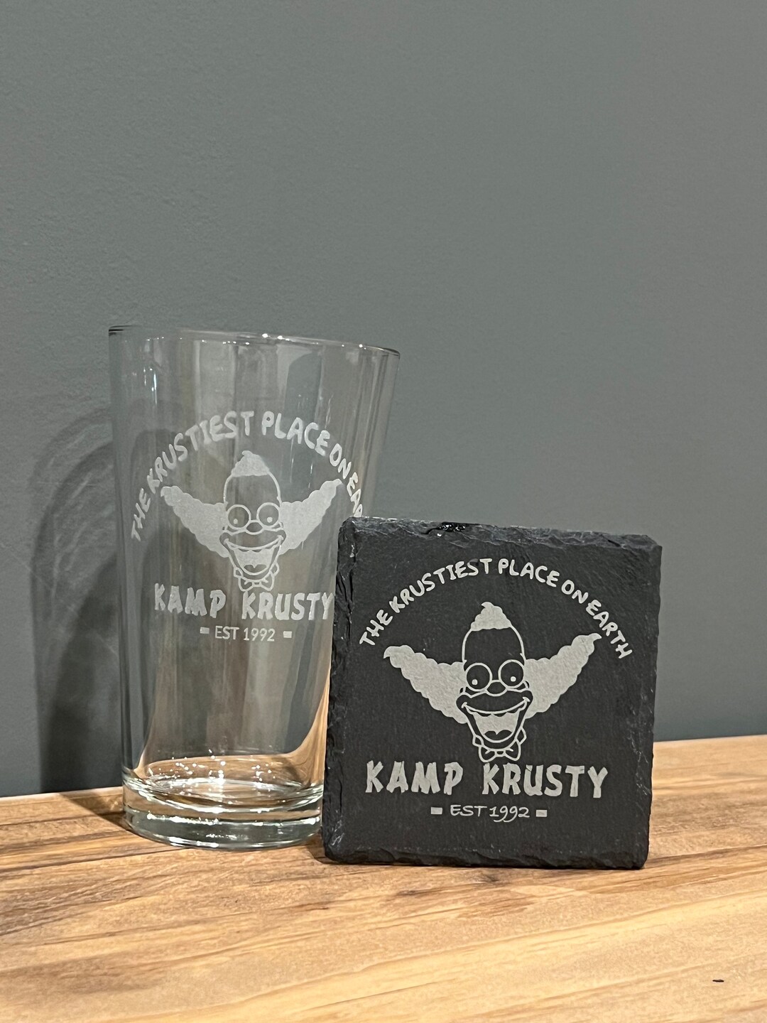 Simpsons kamp Krusty Etched Pint Glass and Coaster Set Gift for the ...