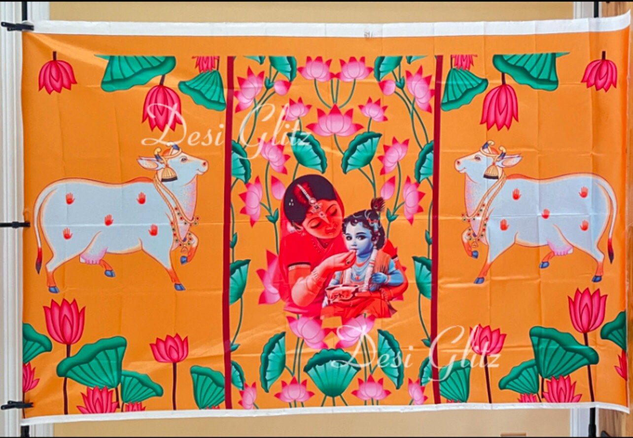 Maa Yasodha With Krishna & Cow Backdrop Cloth, Festival Backdrop, Pooja ...