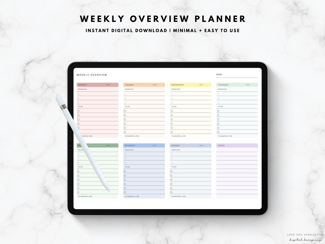 Digital Weekly Overview Planner iPad Download - 10 Color Options ...