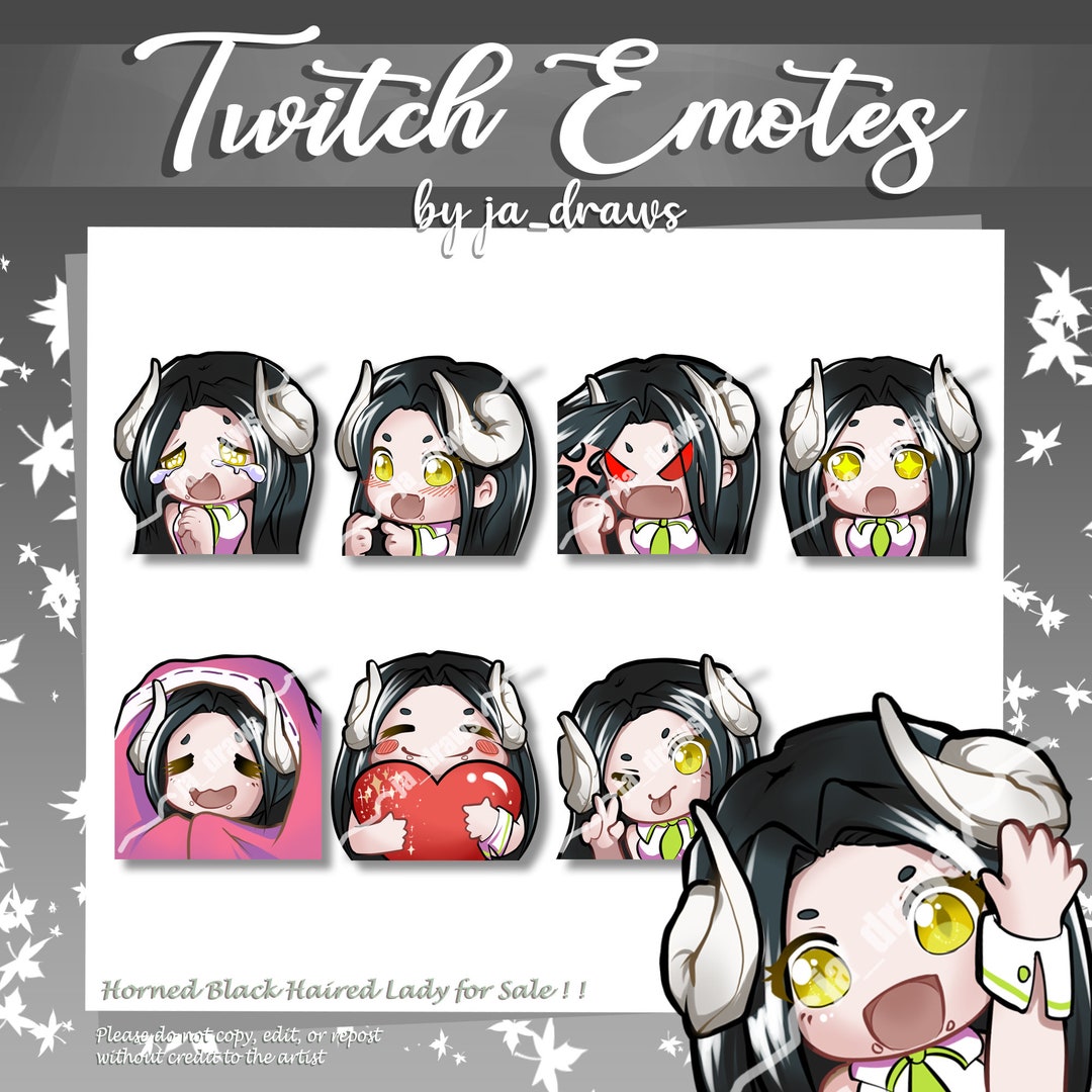 Black Hair Woman Horned Lady Emote Set twitch, Discord Emoji, Kawaii ...