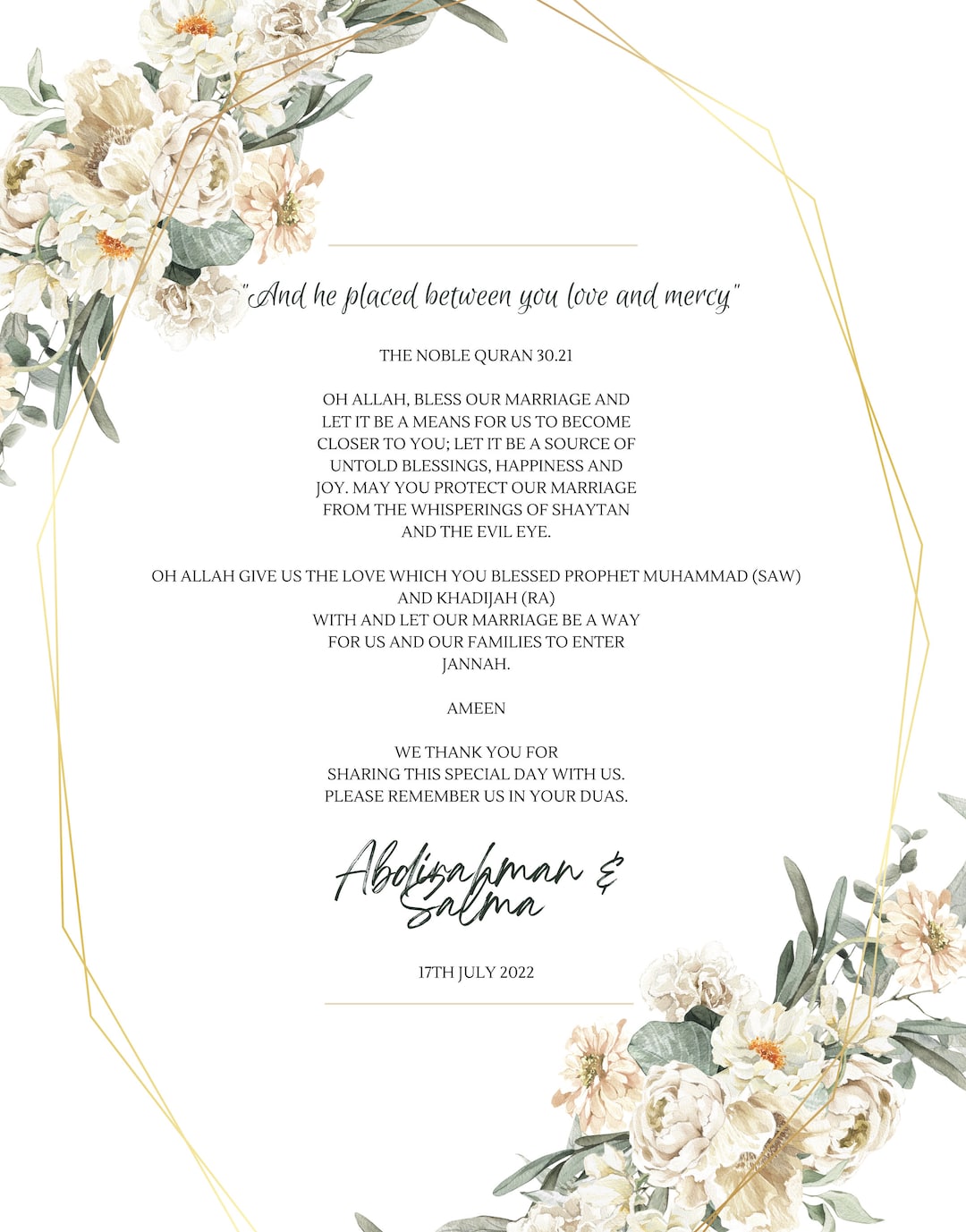 Personalised Dua Cards for Weddings , Eid Parties , Baby Showers ...