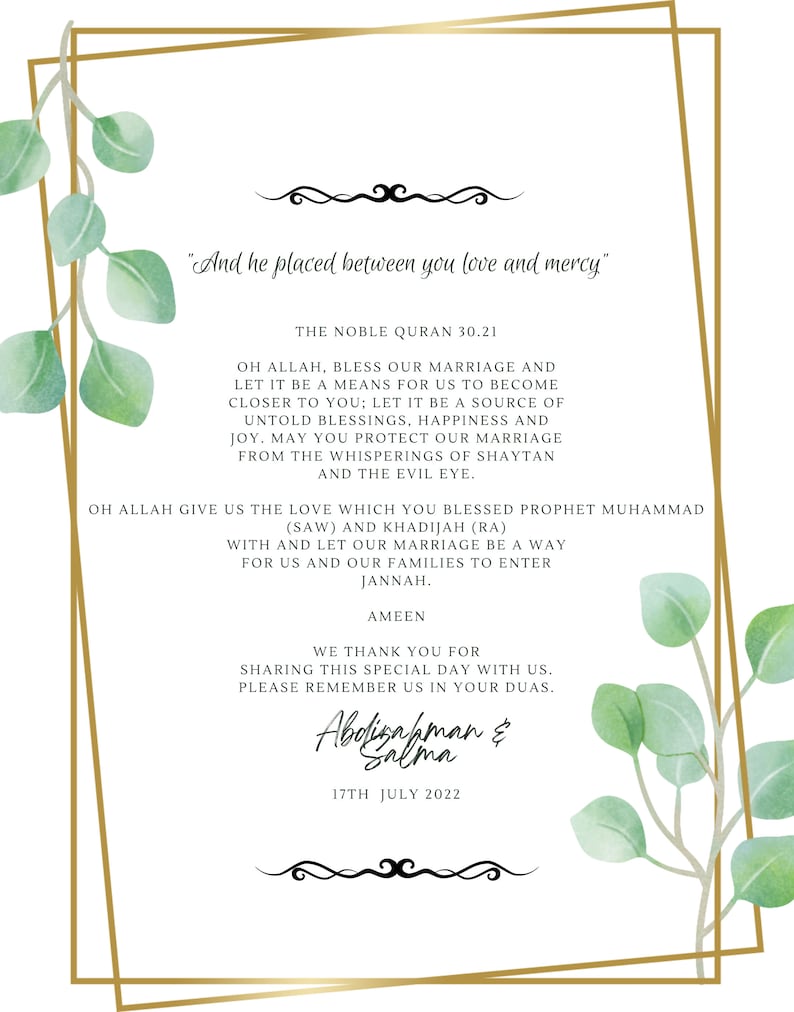 Personalised Dua Cards/place Cards for Weddings , Eid Parties , Baby ...