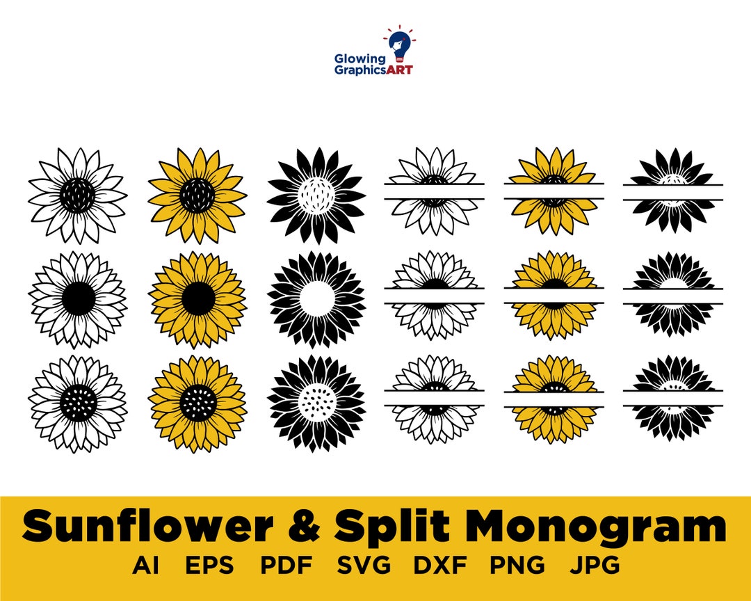 Sunflower SVG Bundle, Sunflower Split Monogram Svg, Sunflower Svg Black ...