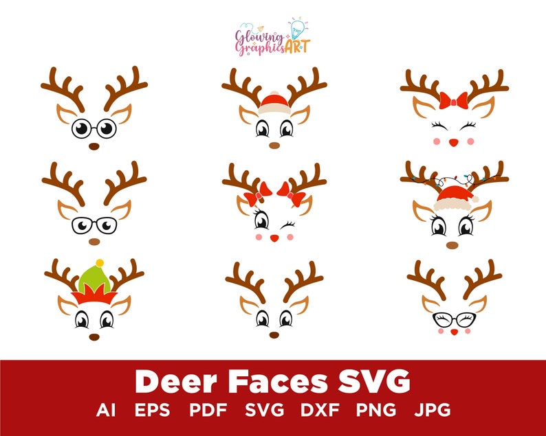 Christmas Reindeer Faces SVG PNG Bundle, Girl Reindeer SVG, Boy ...